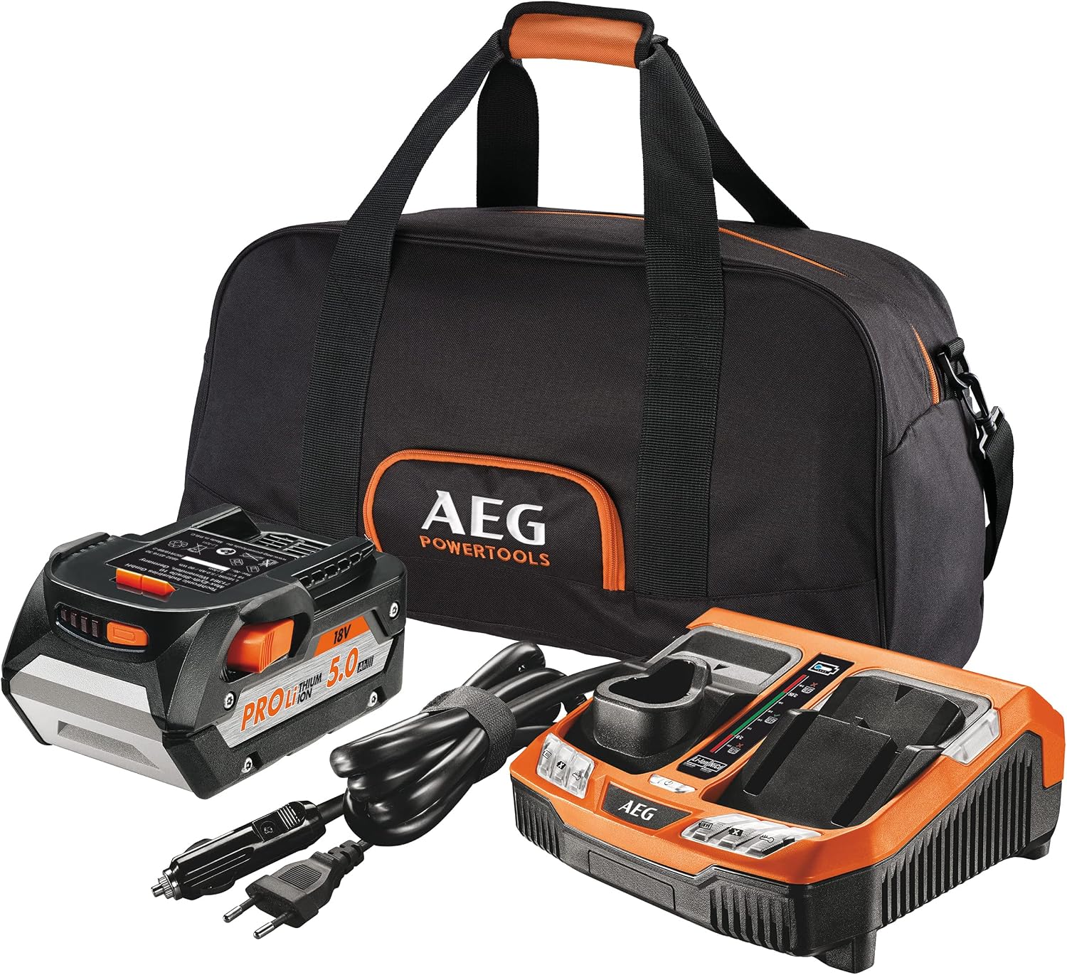 AEG Fast Charger BL1218K + 1 x Batteries 18V 5.0Ah + 1 x Bag, Black and ...