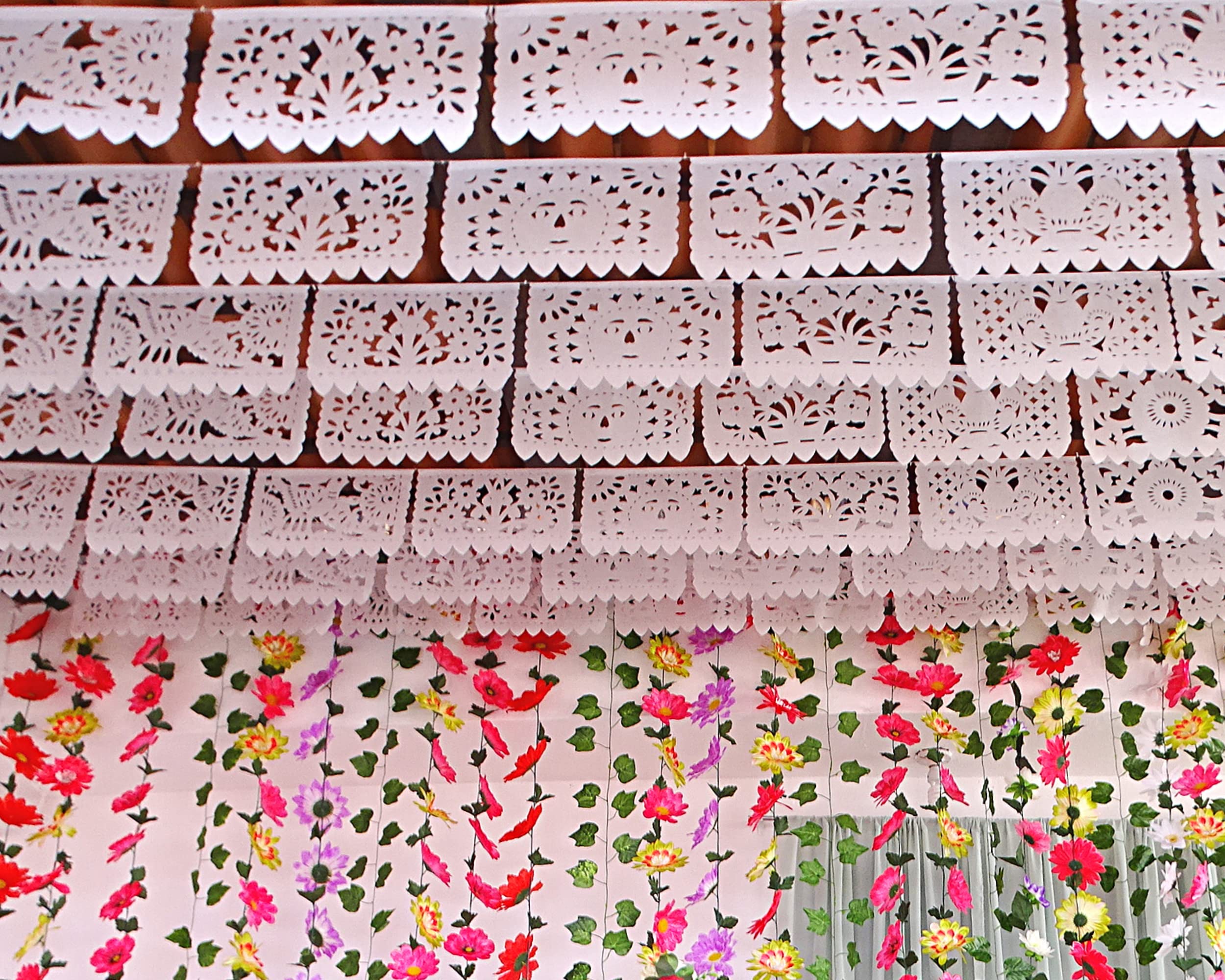 5 pk White Papel Picado, White Fiesta Banner, 60 ft Long Total, Mexican ...