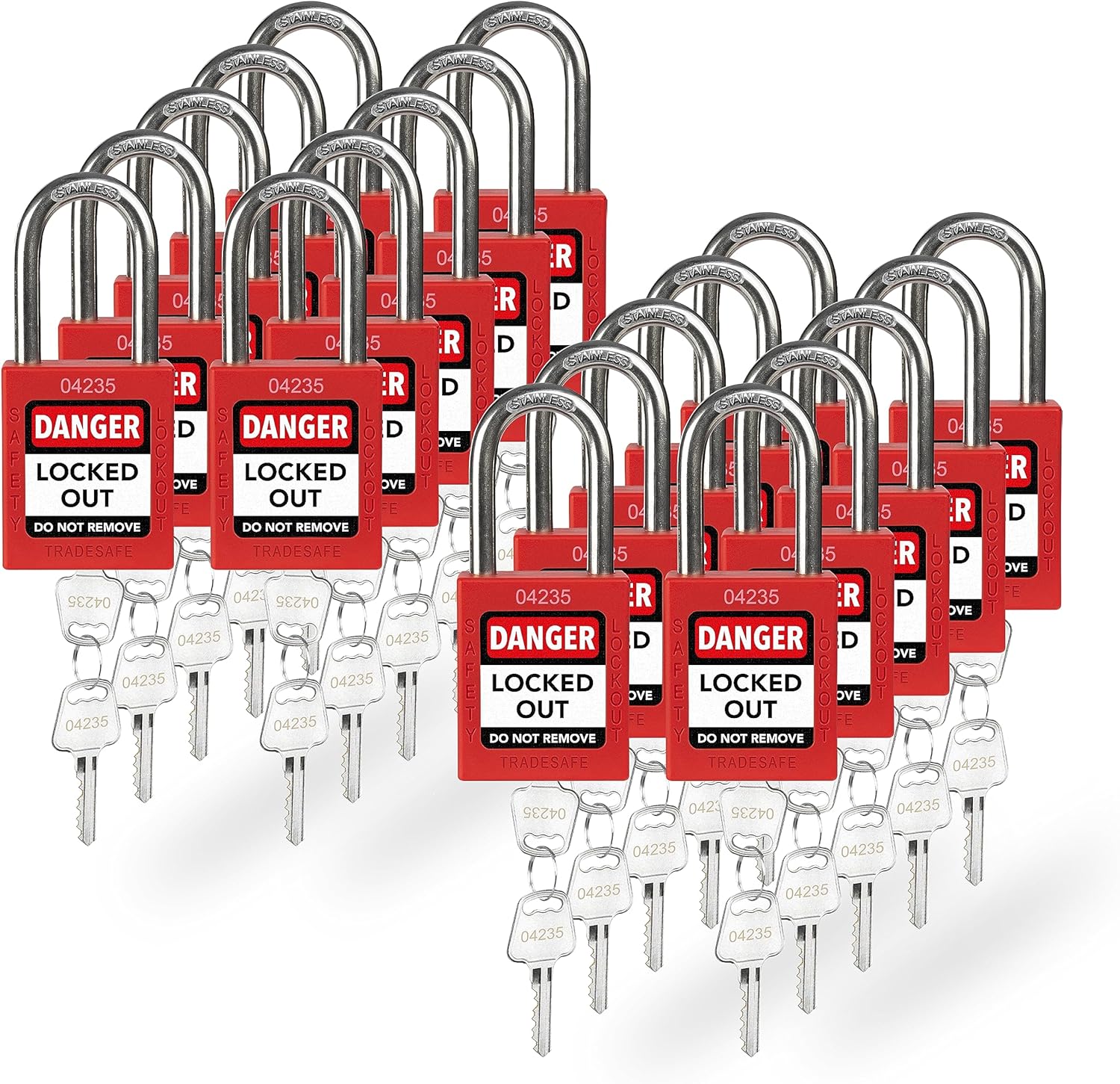 TRADESAFE Lockout Tagout Lock Sets, 20 Red Keyed Alike Safety Padlocks ...