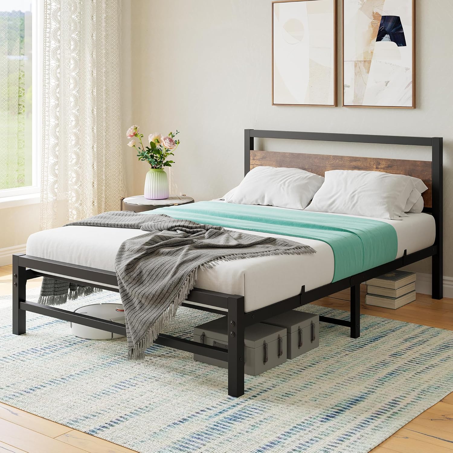 FOUBAM Double Bed Frame with Wooden Headboard