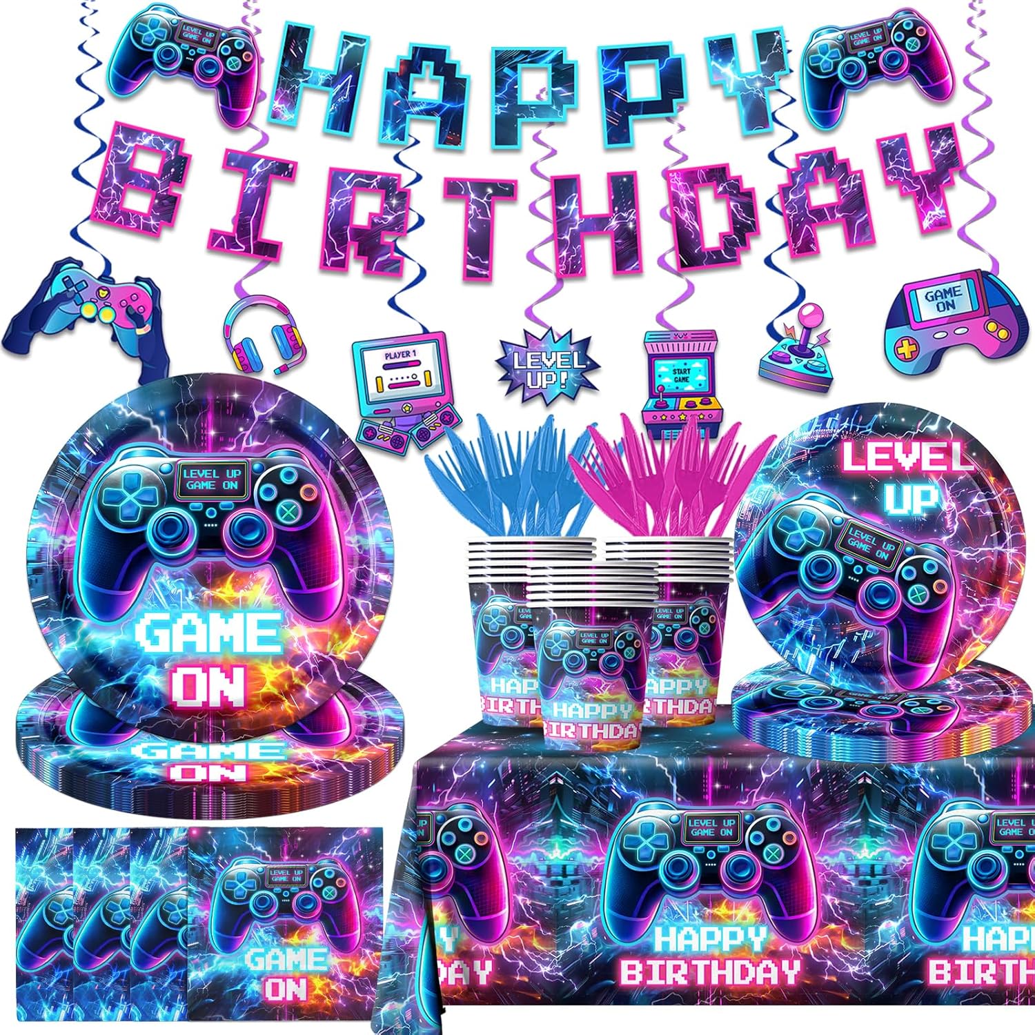 Amazon.com: 170Pcs Video Game Birthday Decorations Serve 24, Gamer ...