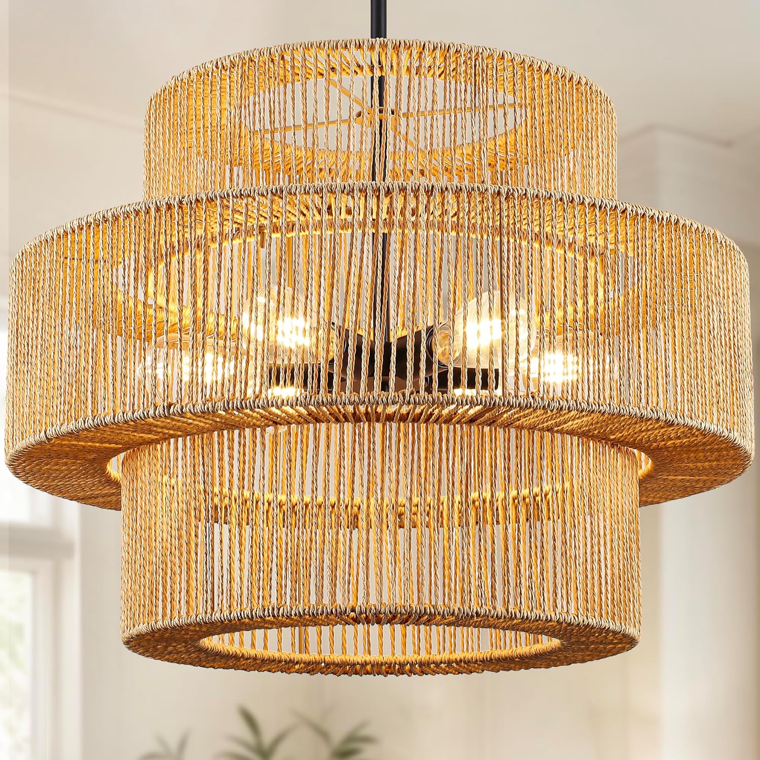 Pavloatu 25.59" Large Hand-Woven Rattan Chandelier, 6-Lights Farmhouse ...