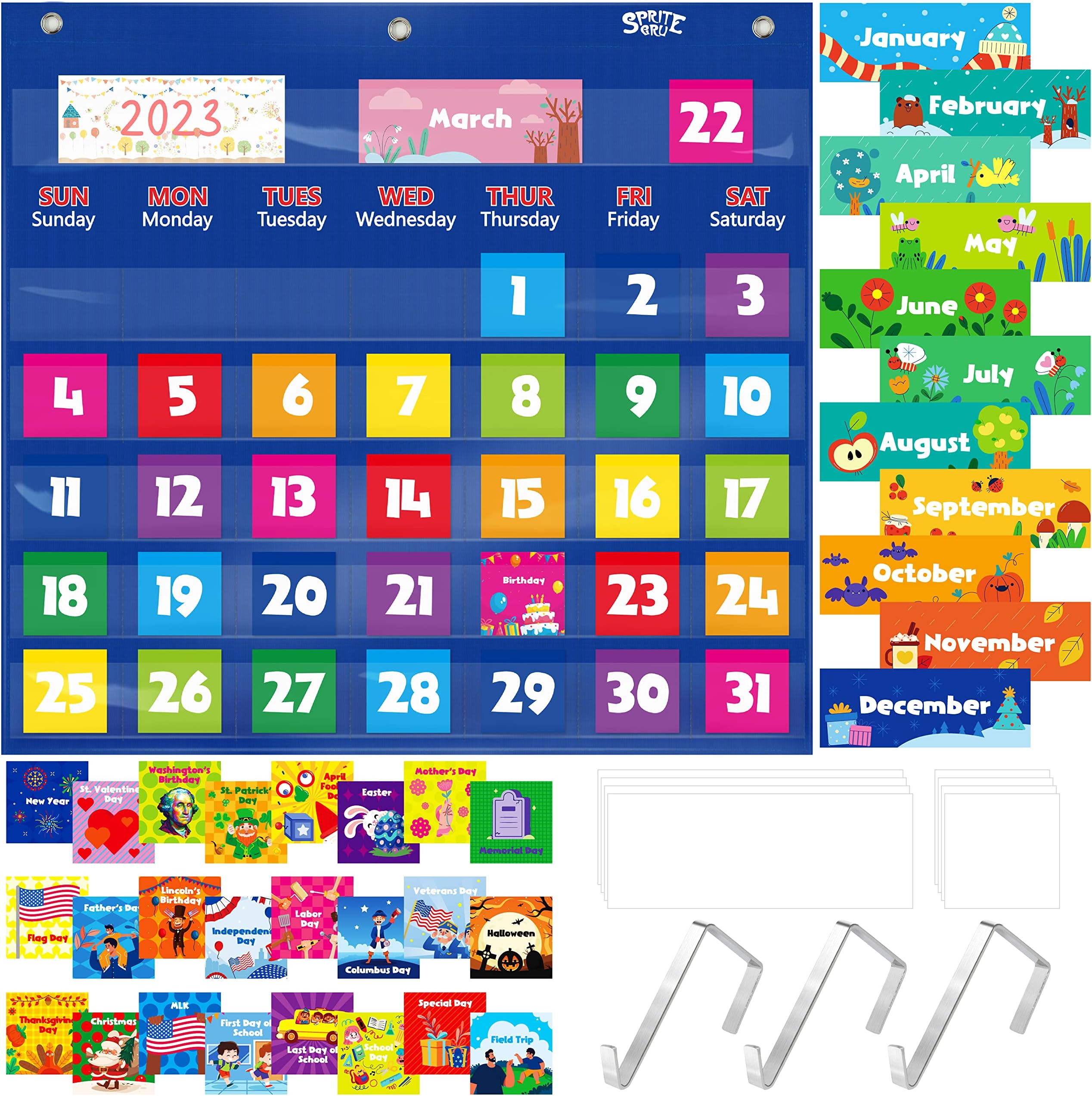 Calendar Pocket Chart, Classroom Monthly Pocket Chart with 76 Cards (68 ...