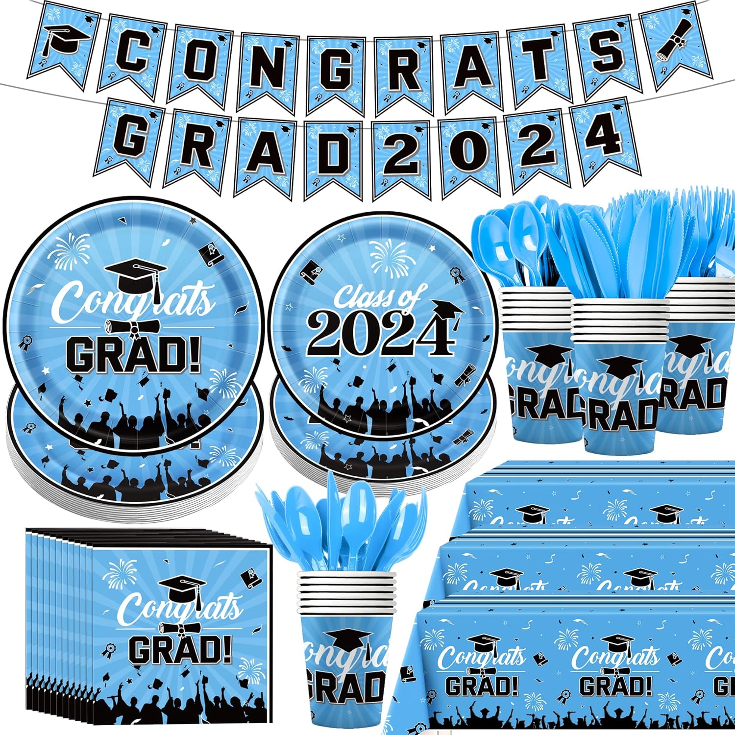 Amazon.com: 172PCS Light Blue Black Graduation Party Supplies for 24 ...