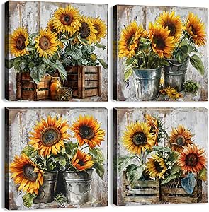 Amazon.com: Rustic Sunflower Canvas Wall Art Farmhouse Kitchen Wall ...
