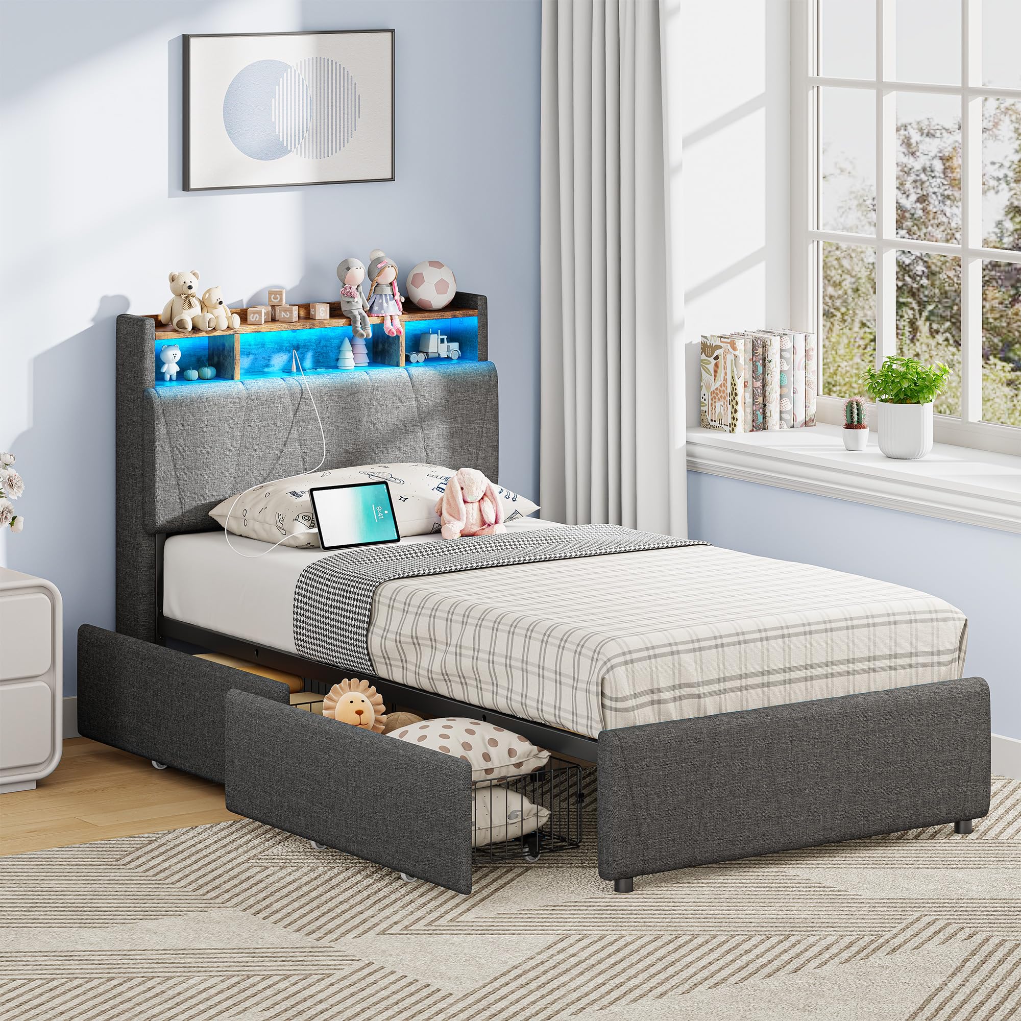 Amazon.com: LIKIMIO Twin Bed Frame with 2 Storage Drawers, Charging ...