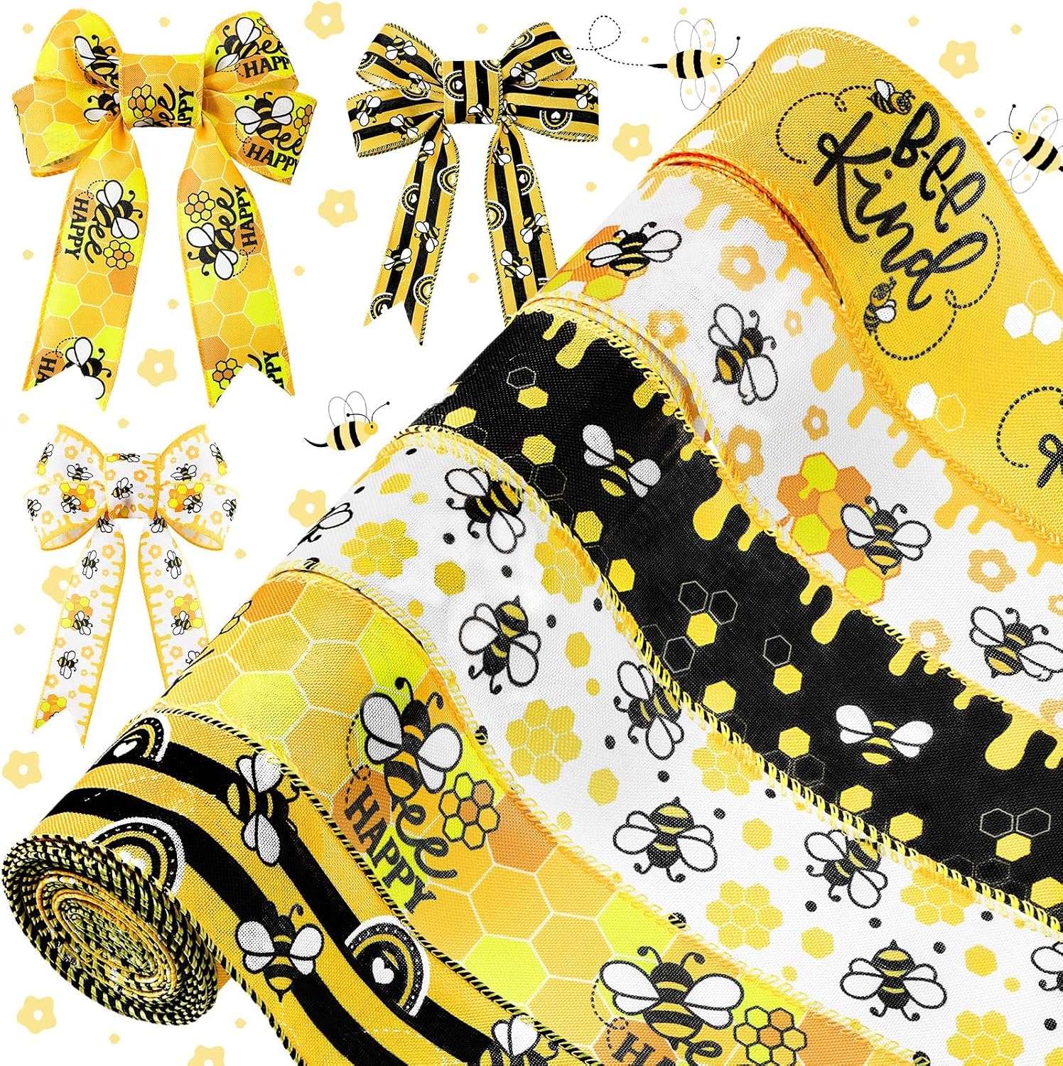 Amazon.com: Fanfanwin 6 Rolls 30 Yards Honey Bee Wired Ribbon 2 Inch ...