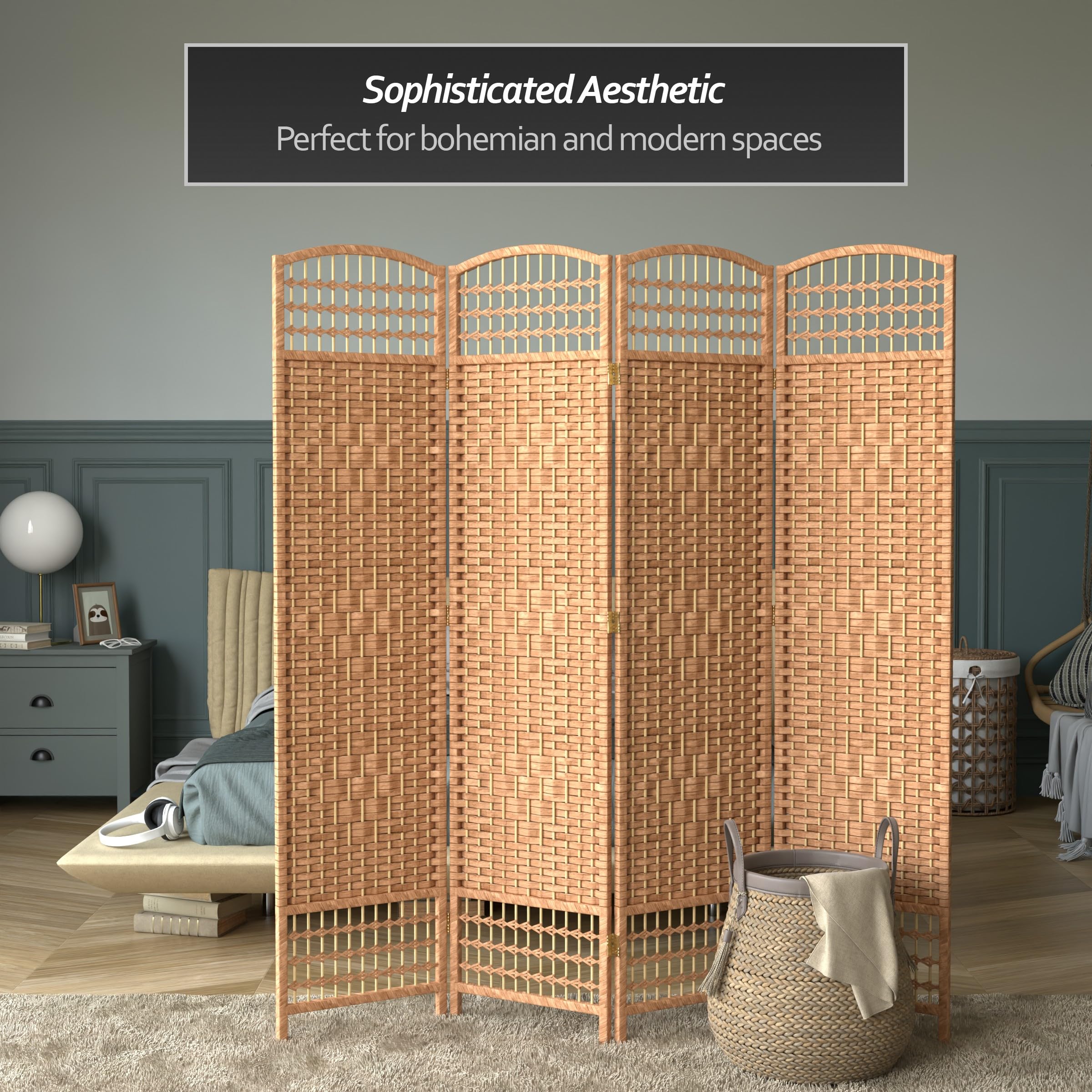 Snapklik.com : 5 1/2 Ft Tall Fiber Weave Natural-4 Panel Room Divider