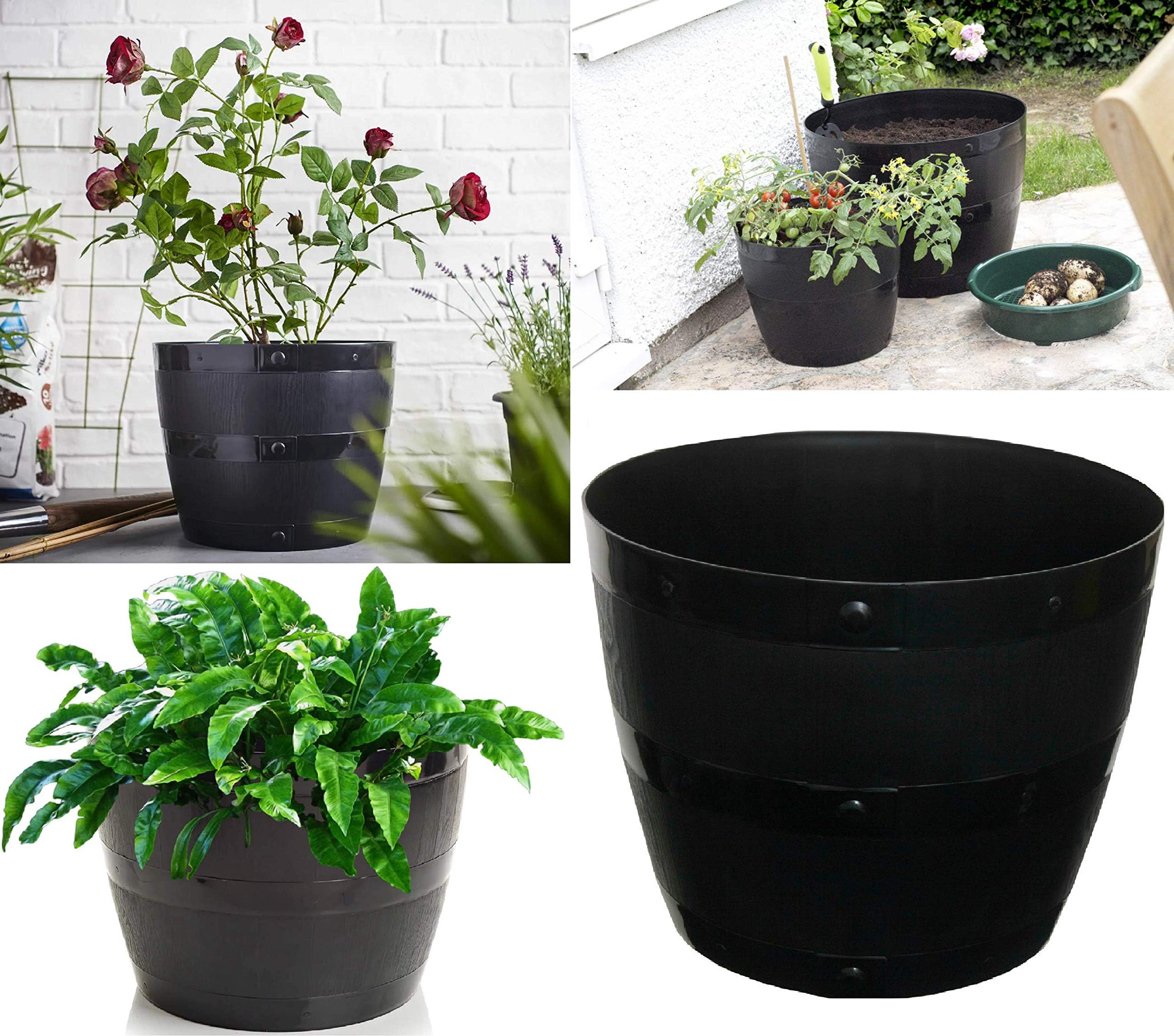 URBNLIVING 4 x 4L Round Plastic Barrel Style Wood Look Plant Pots ...