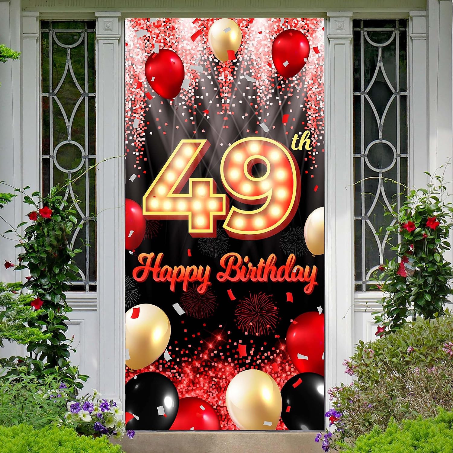 Amazon.com : Happy 49th Birthday Backdrop Banner Black and Red Theme ...