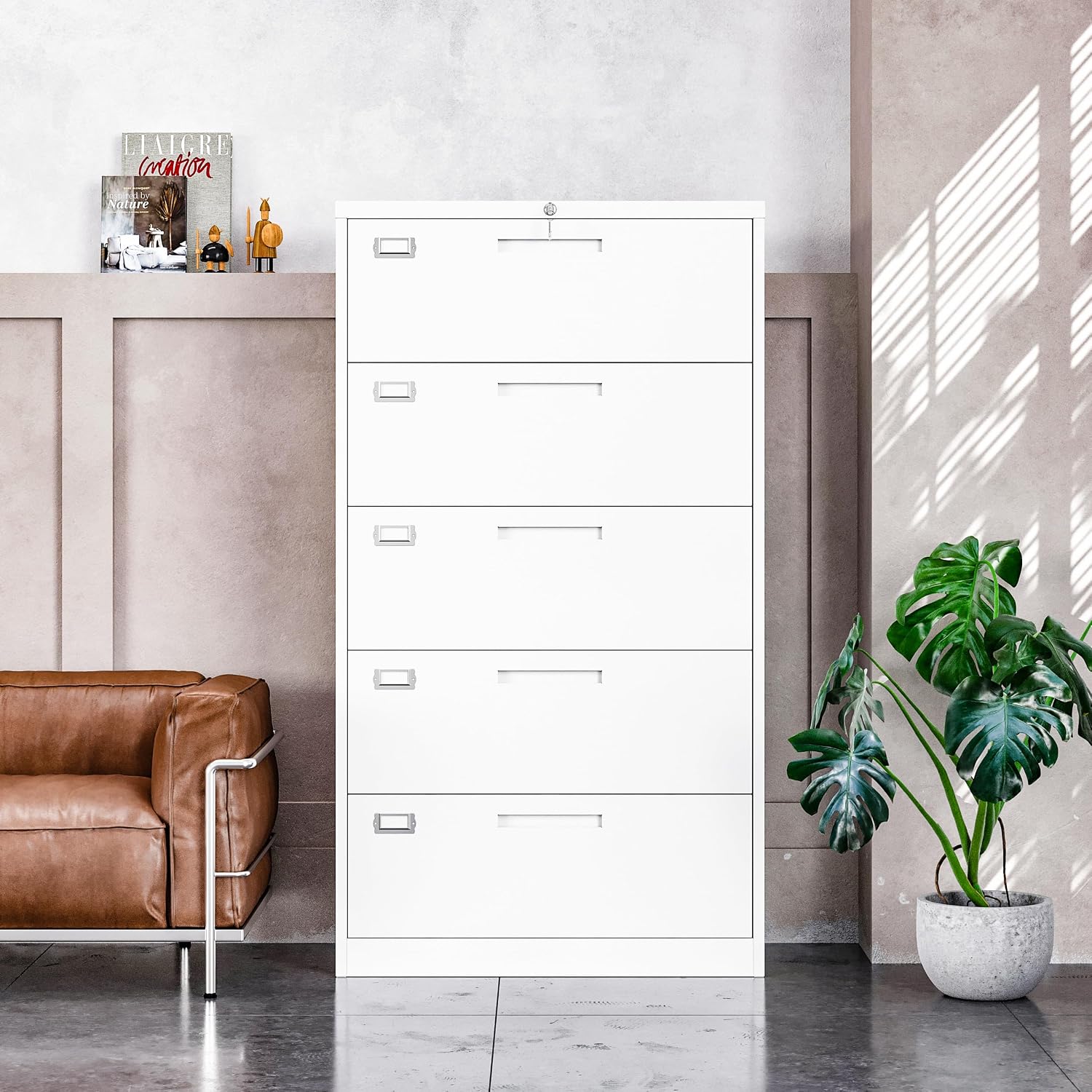 Yizosh 5 Drawer White File Cabinet with Lock, Filing Cabinet for Home ...