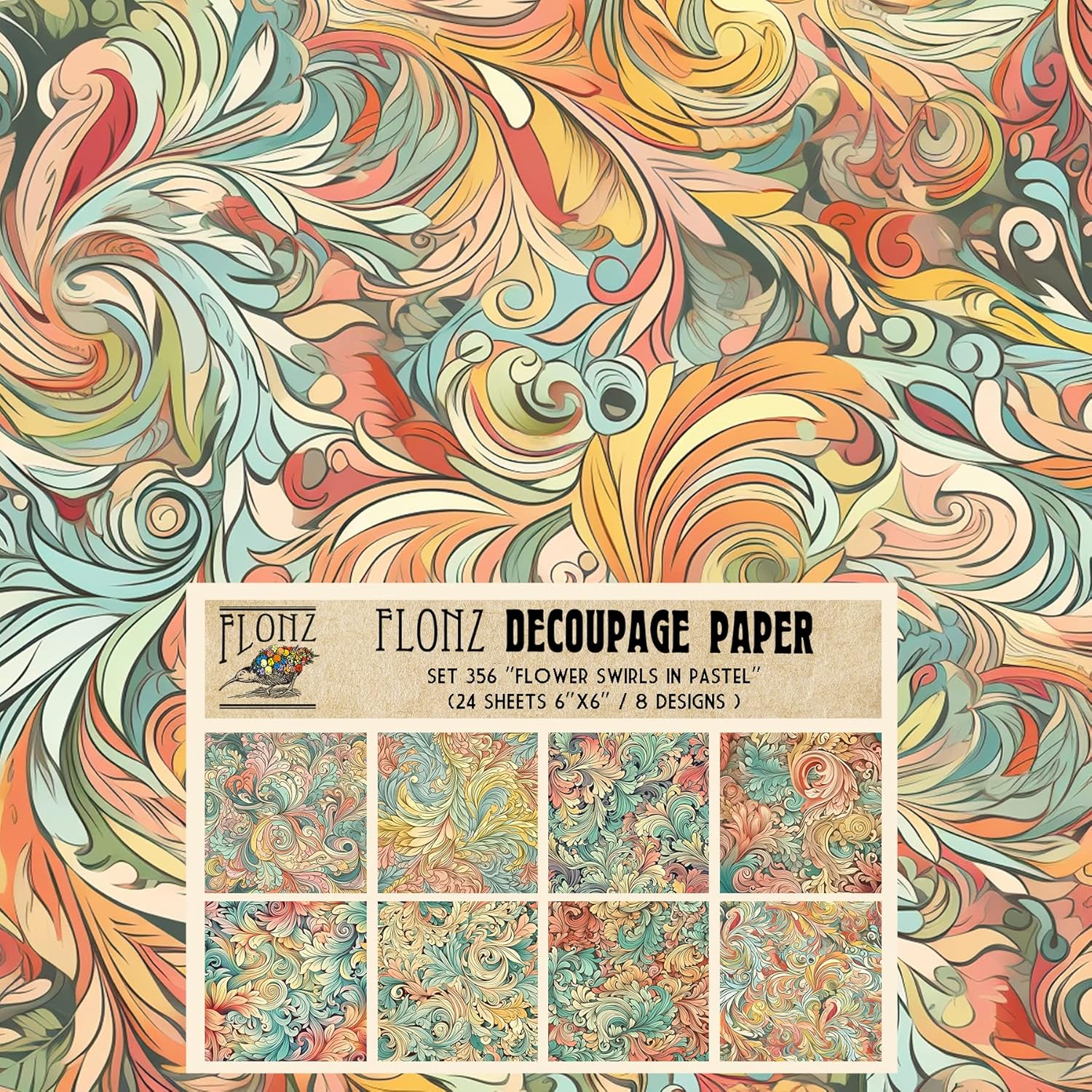 Amazon.com: Decoupage Paper Pack (24 Sheets 6"x6") Flowers Swirls in ...