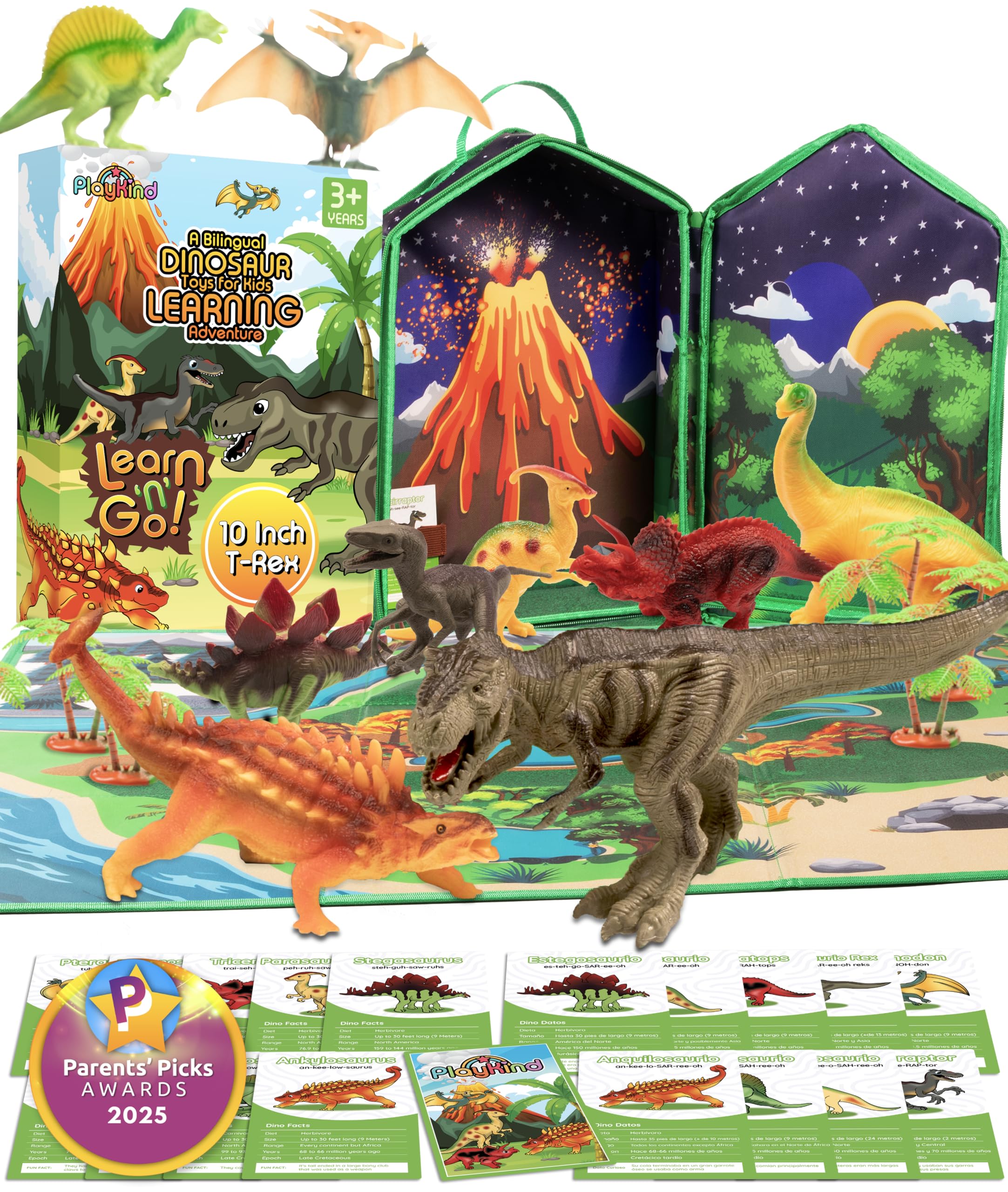 Dinosaur Play Set with Volcano Carry Case - 9 Big Dinosaurs - Wipe ...