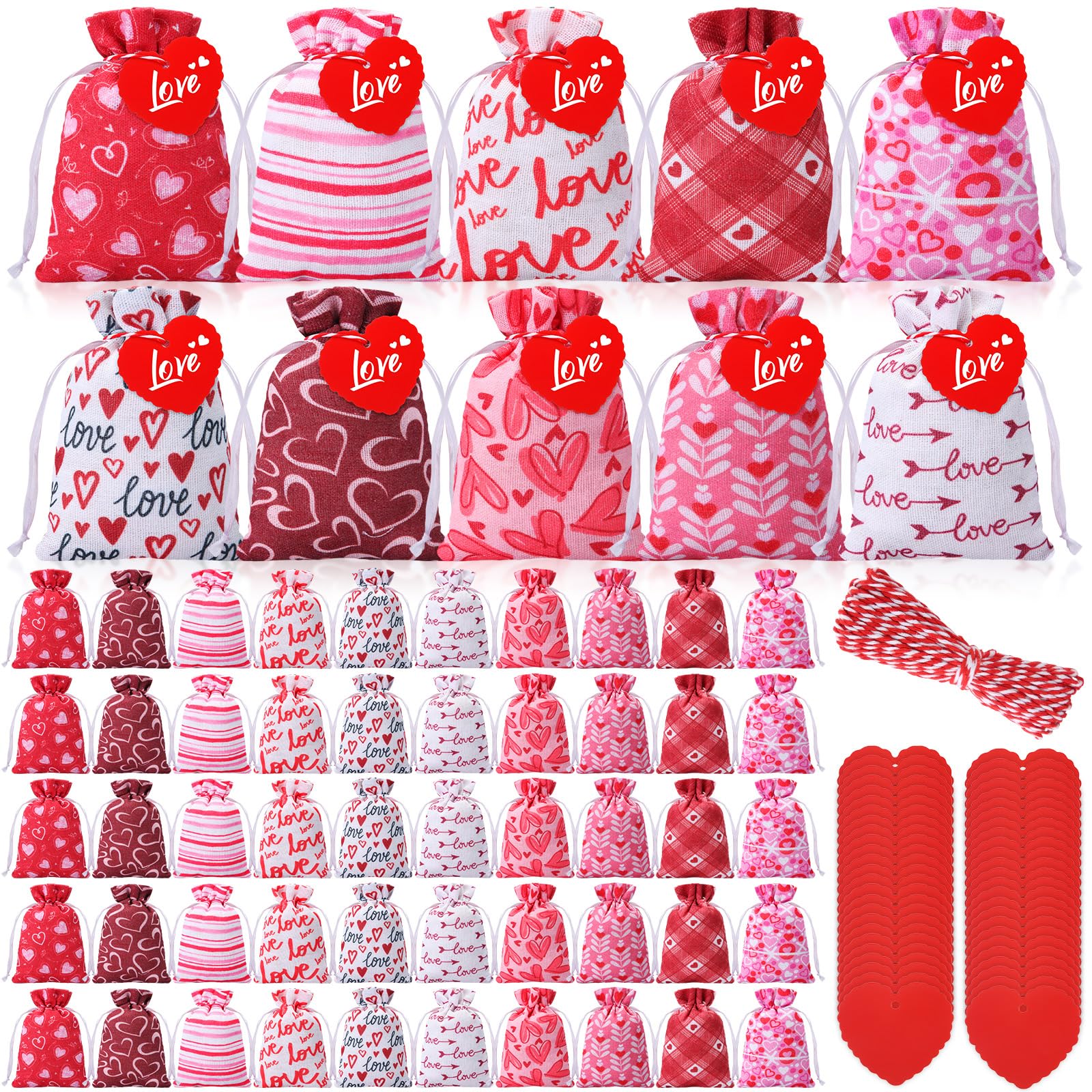 Amazon.com: Sweetude 50 Pack Valentine's Day Burlap Gift Bags with ...