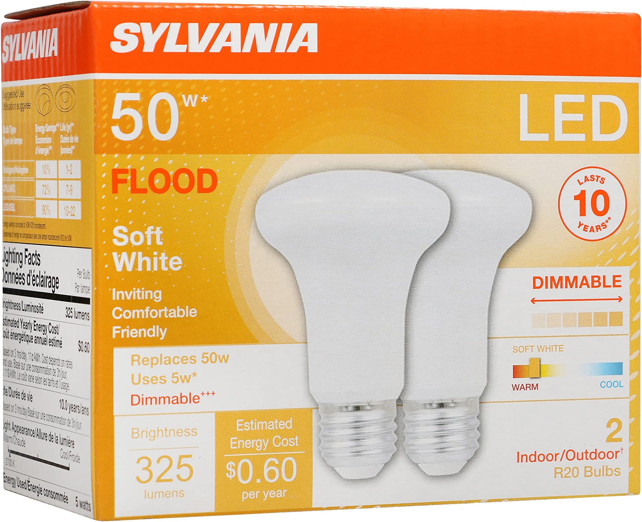 SYLVANIA LED Flood R20 Light Bulb, 50W=5W, 10 Year, 325 Lumens, E26 Medium Base, Dimmable, 2700K ...