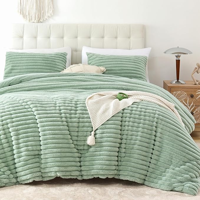Amazon.com: Smoofy Fluffy Queen Comforter Set 3 Pieces - Sage Green ...