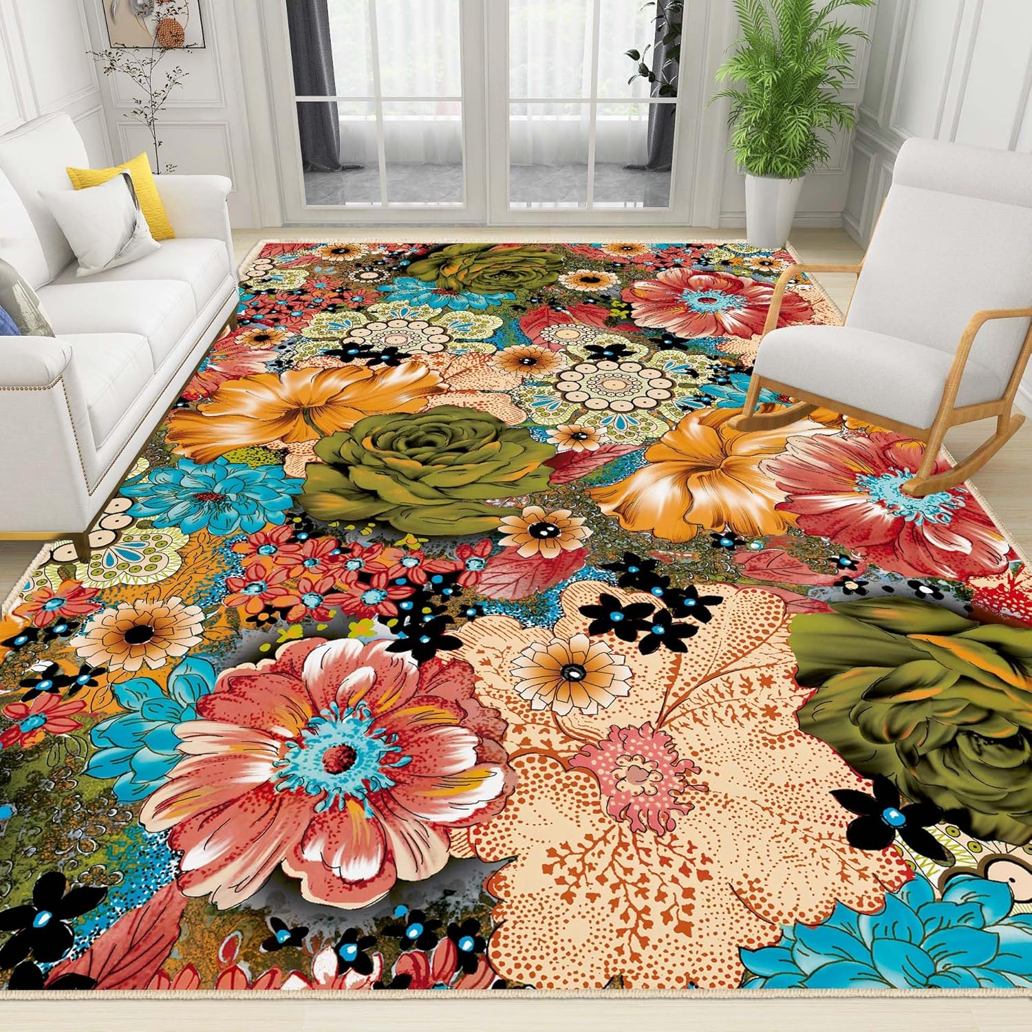 Amazon.com: keensoft Colorful Flower Area Rug 8x10 ft Boho Floral Retro ...
