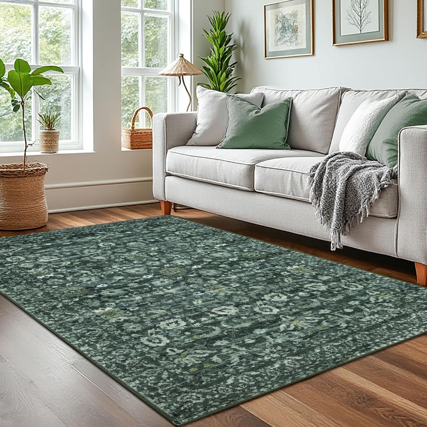 Amazon.com: Lansny Vintage 4x6 Living Room Washable Rug, Dark Green Non ...