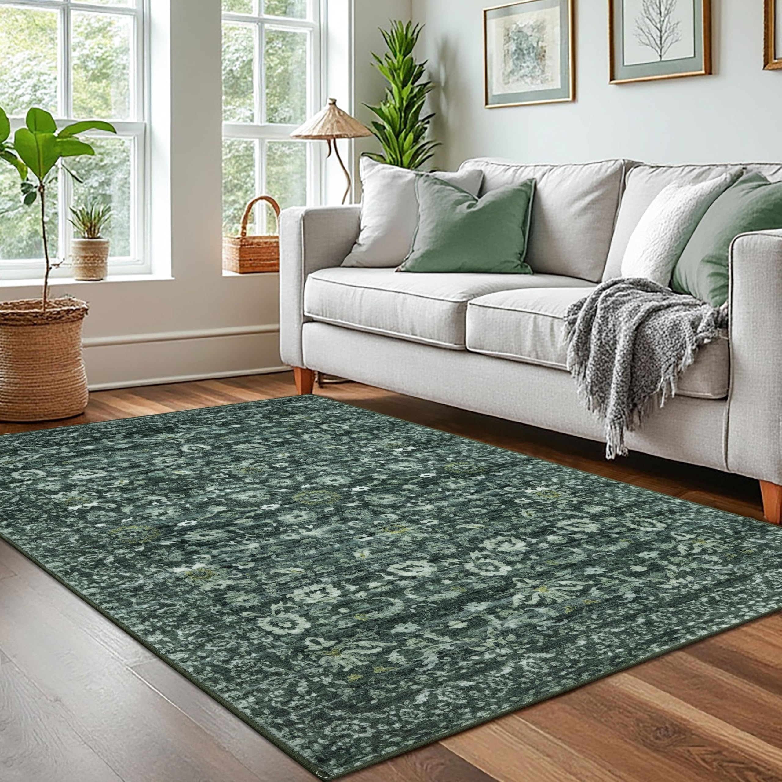 Amazon.com: Lansny Vintage 4x6 Living Room Washable Rug, Dark Green Non ...