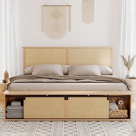 Amazon.com: GarveeHome Natural Rattan Full Size Bed Frame with Sliding ...