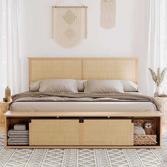 Amazon.com: GarveeHome Natural Rattan Full Size Bed Frame with Sliding ...