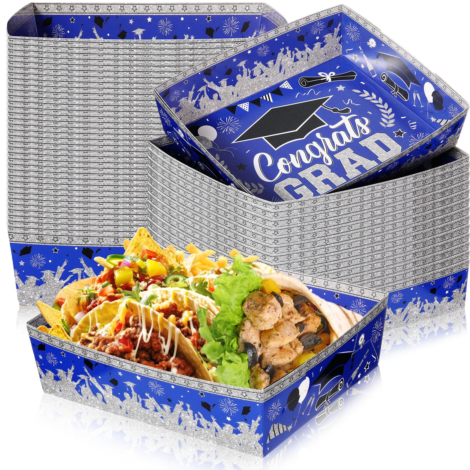 Snapklik.com : 36 Pcs 2025 Blue And Silver Graduation Paper Food Trays ...