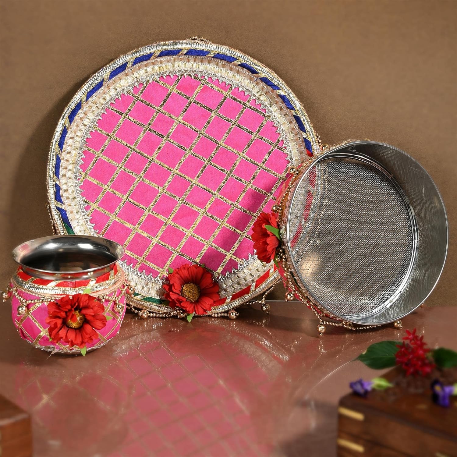 Perpetual Fancy Karwachauth Puja Thali Set - Pack of 3 Designer Karwa ...
