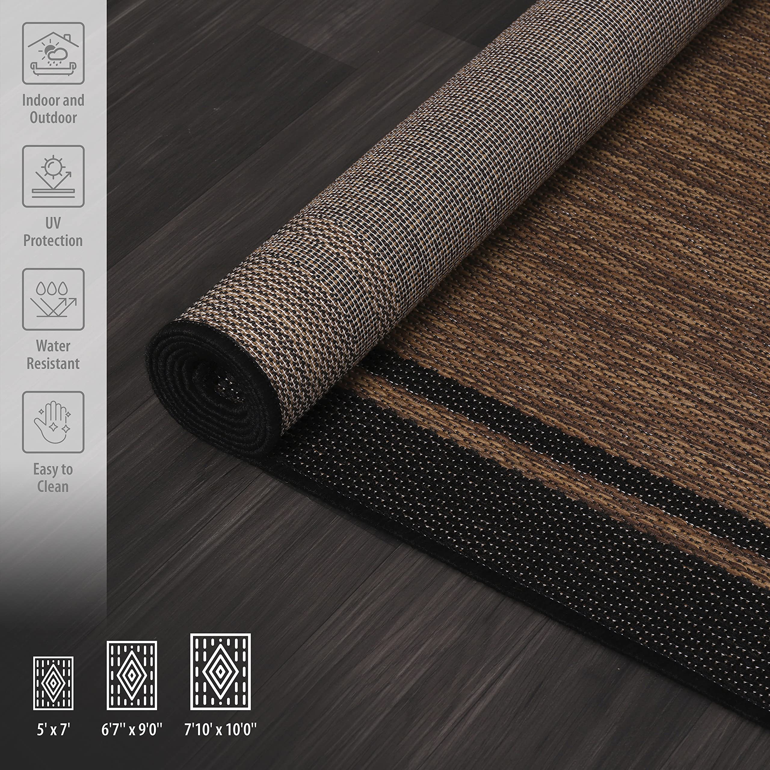CAMILSON Indoor Outdoor Rug, 5x7 Bordered Nut Brown Black Modern Area ...