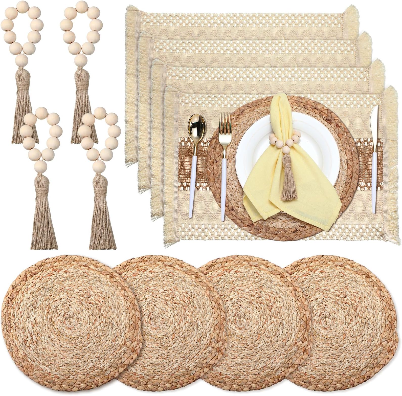 Amazon.com: Zhehao 4 Set/12 Pcs Boho Placemats Natural Cotton Burlap ...