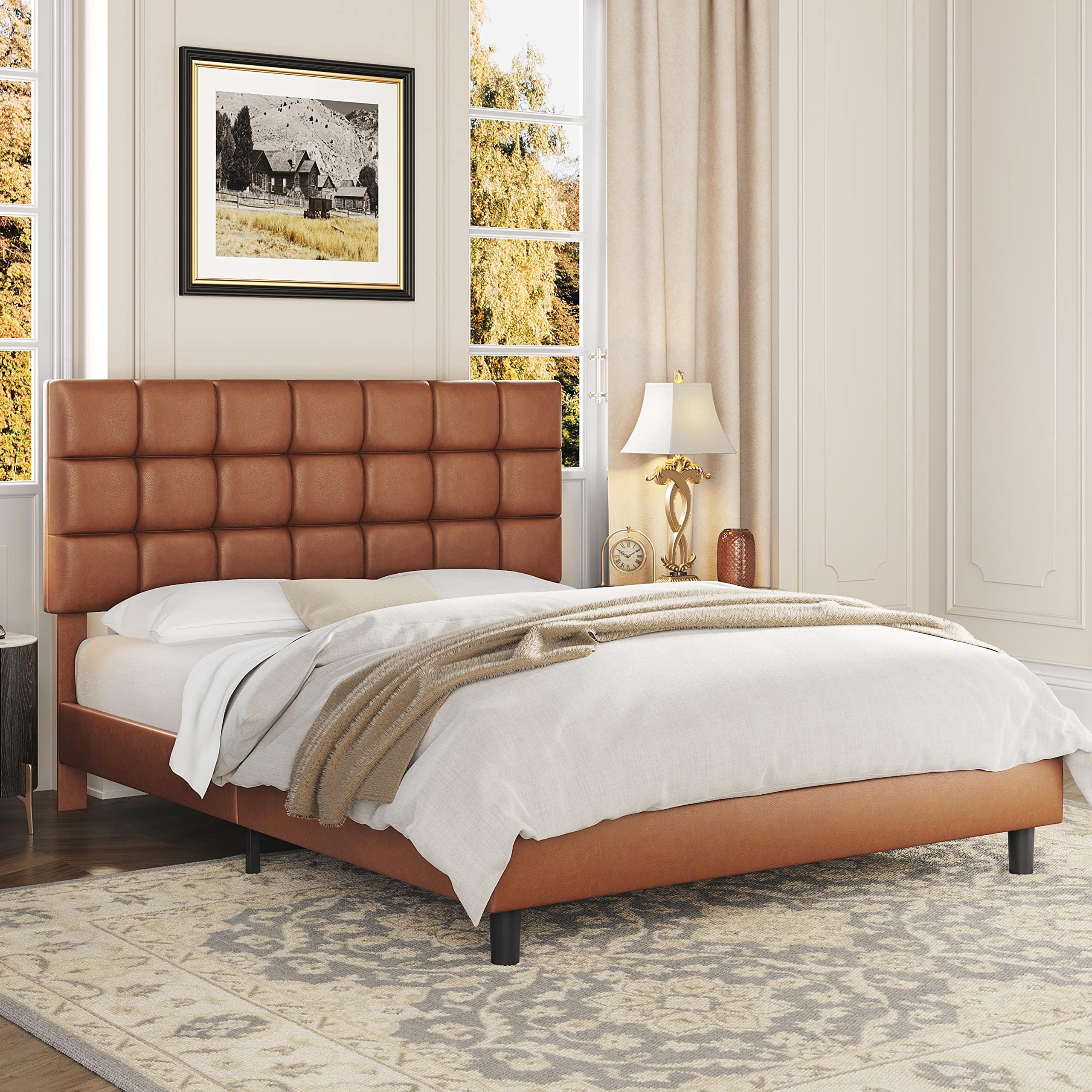 Amazon.com: Yaheetech Upholstered Platform Bed Frame with Faux Leather ...