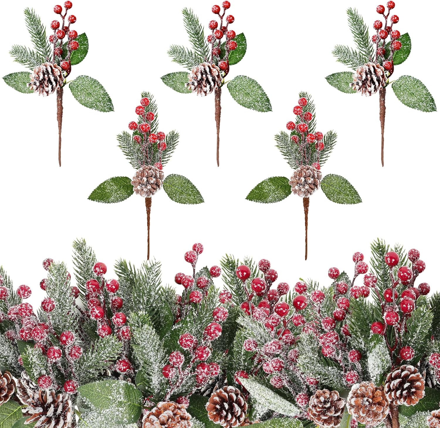 Amazon.com: Sawowkuya 12 Pcs Snowy Christmas Picks Red Berry Stems ...