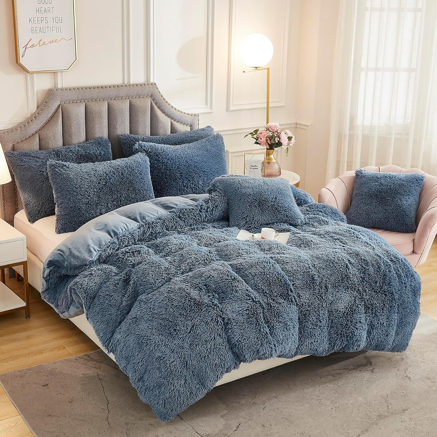 Amazon.com: JAUXIO Luxury Long Faux Fur Bedding Set Shaggy Comforter ...
