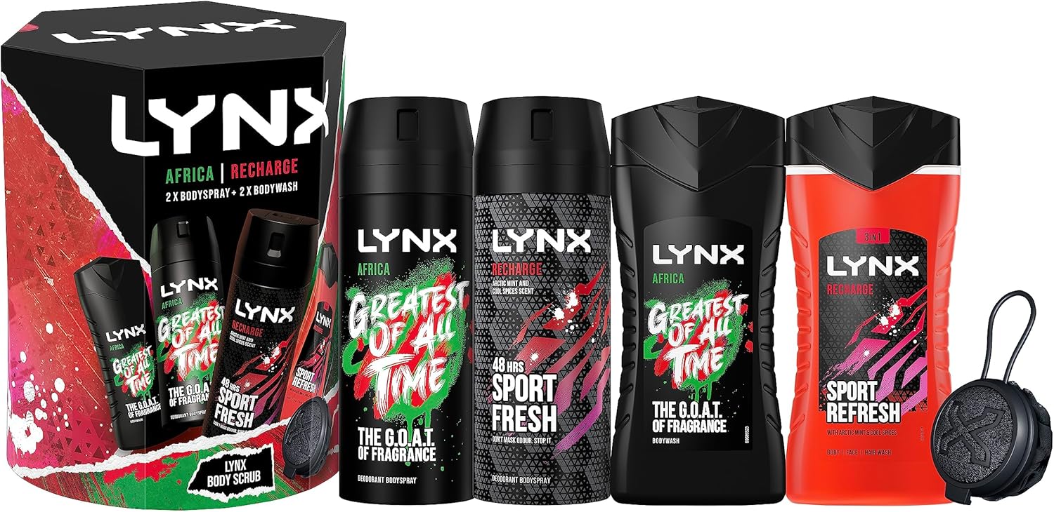 LYNX Recharge and Africa Bumper Pack Body Spray Gift Set Shower Tool ...
