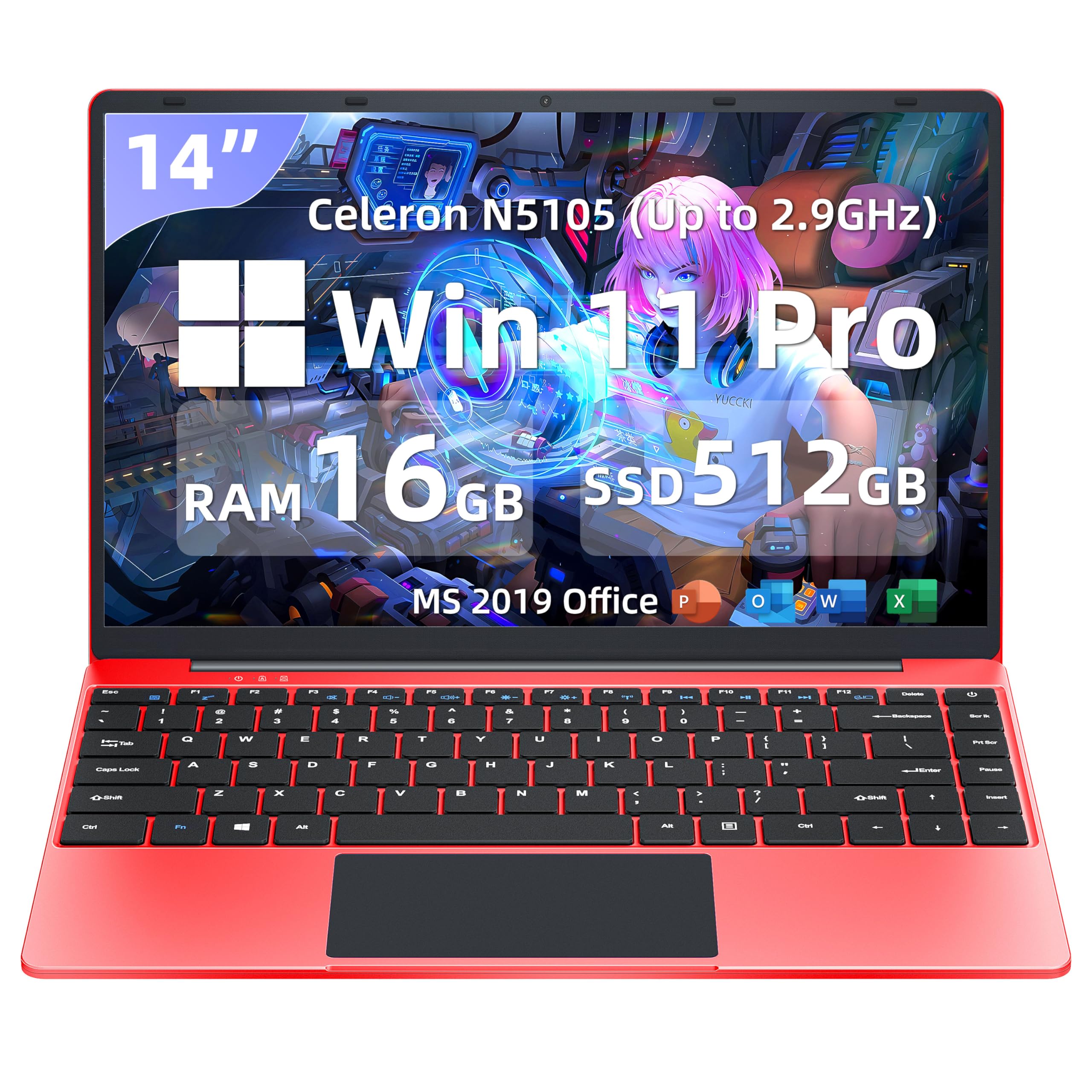 Amazon.com: Svikou 14" Red Laptop【Win 11 Pro/Office 2019】 Celeron N5105 ...