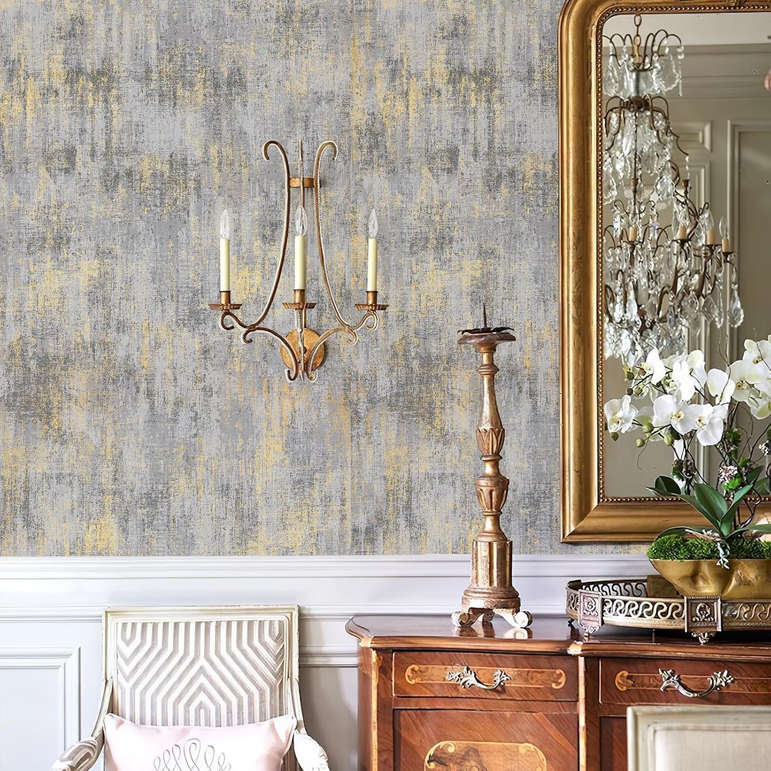 Textured Wallpaper Vintage 17.3"x 473" Distressed Metallic Grey/White ...