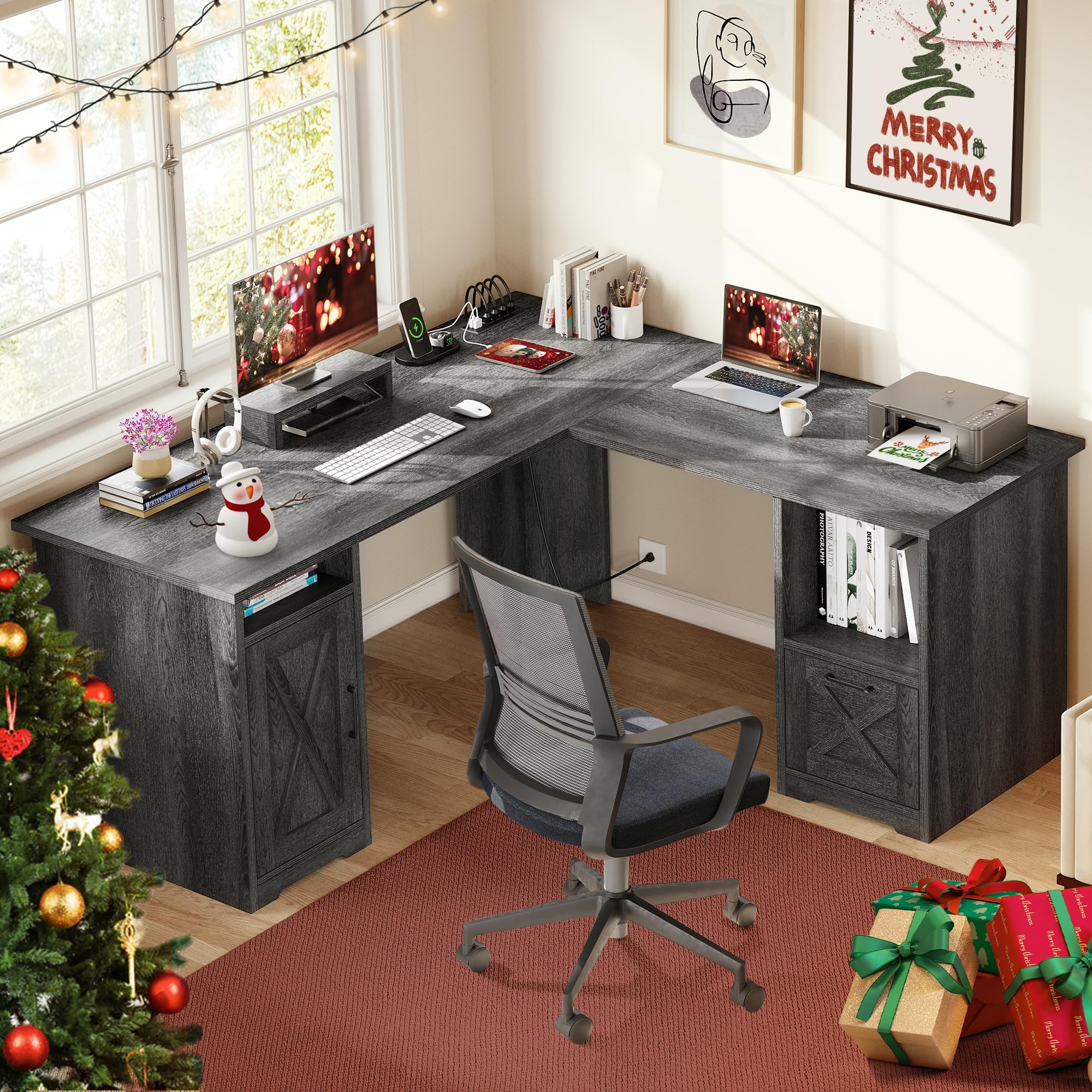 Amazon.com: DWVO L Shaped Desk with File Drawer, 60" Corner Computer ...