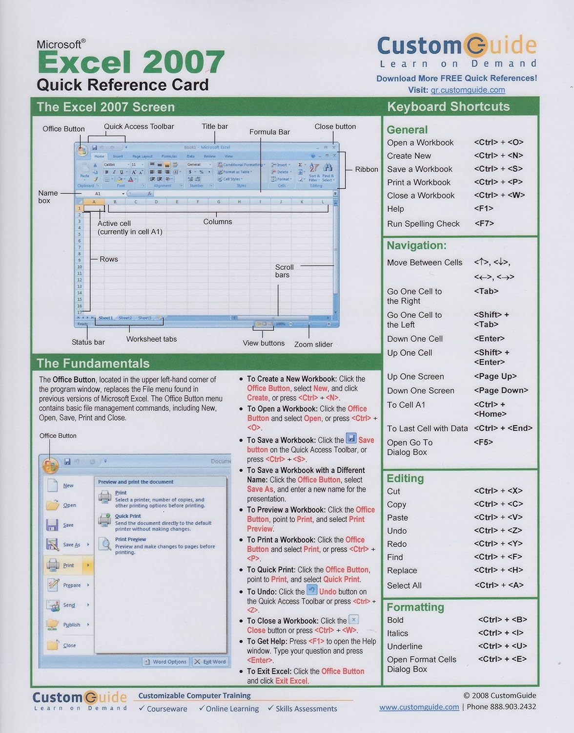 Amazon.com : Microsoft Excel 2007 Quick Reference Card [Laminated] : Office Products
