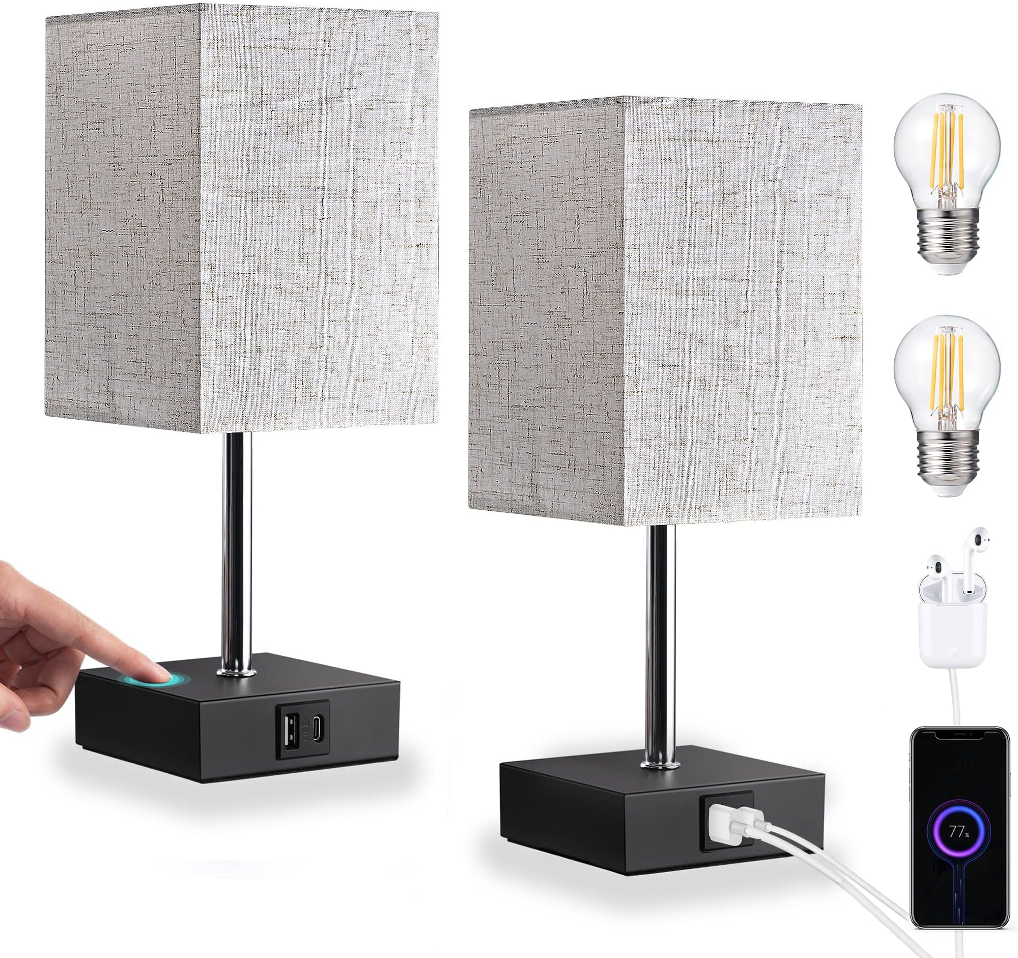 EDISHINE Bedside Lamps Set of 2, 3 Way Dimmable Table Lamp with USB A+C ...