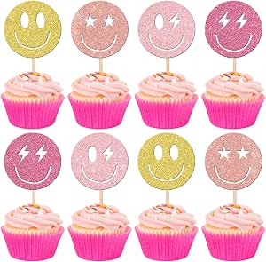 24 PCS Preppy Smile Face Cupcake Toppers Glitter Star Lightning Y2k ...
