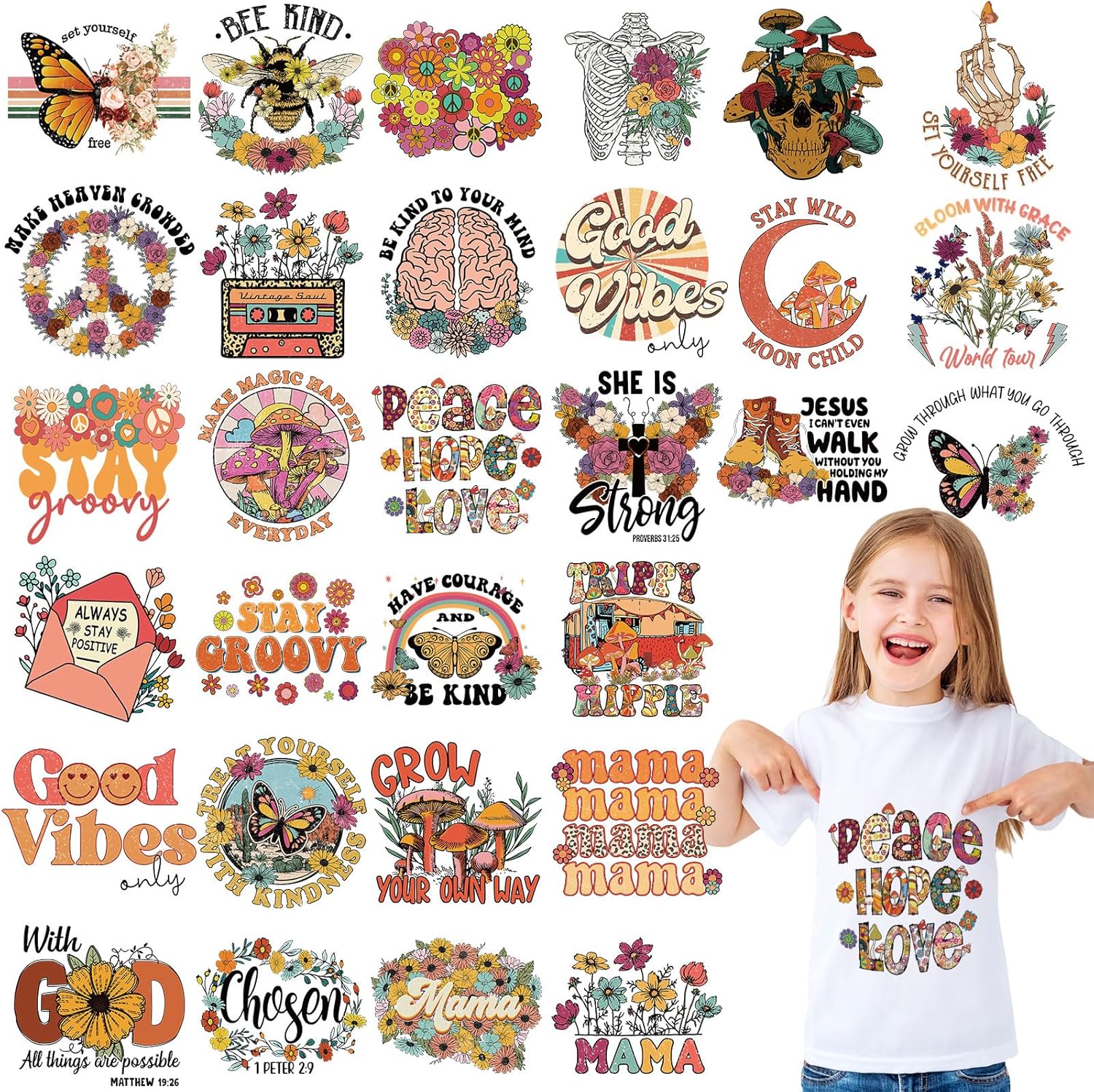 Amazon.com: Estune 30 Pcs Groovy Hippie Christian Iron on Transfers ...