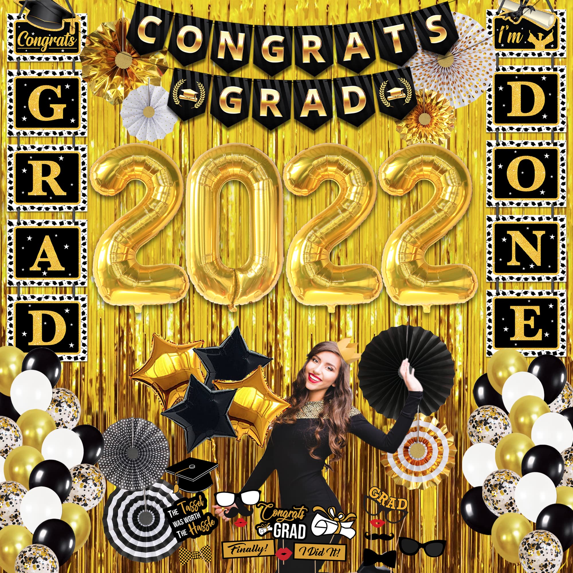 Huge Black and Gold Graduation Decorations 2022 Set - Big Pack of 75 ...