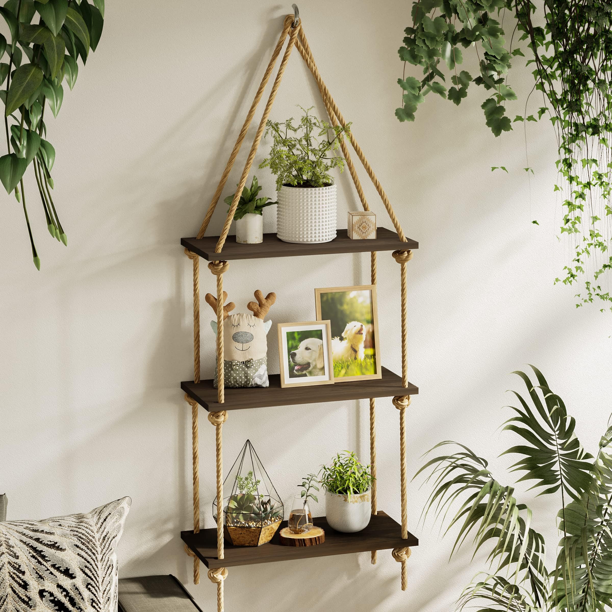 Amazon.com: OMYSA 3 Tier Hanging Shelves for Wall - Wood Hanging Shelf ...