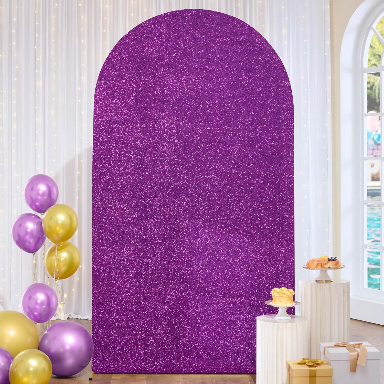 Amazon.com : Htper 7.2FT Purple Glitter Arch Backdrop Cover, Stretchy 2 ...