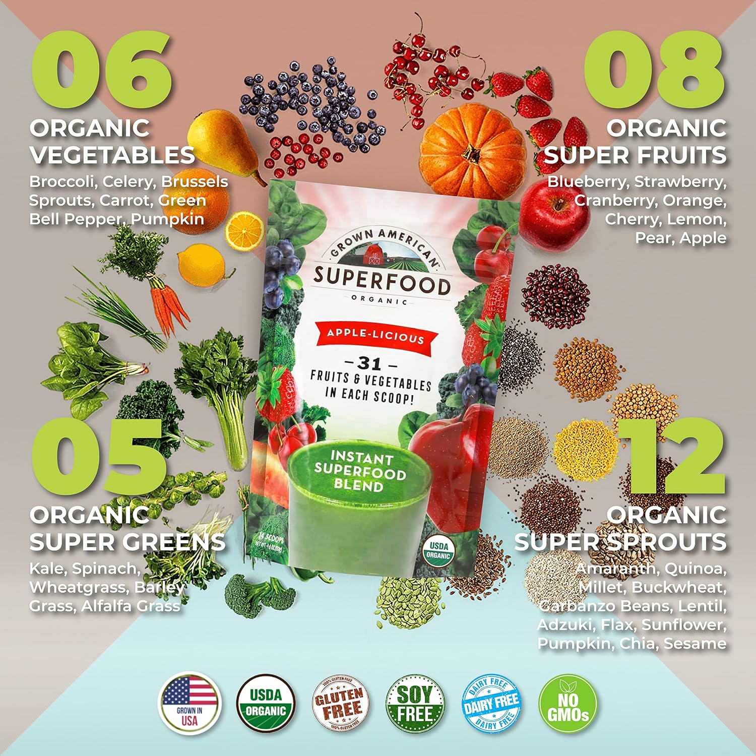 Grown American Superfood – 31 frutas y verduras enteras orgánicas ...