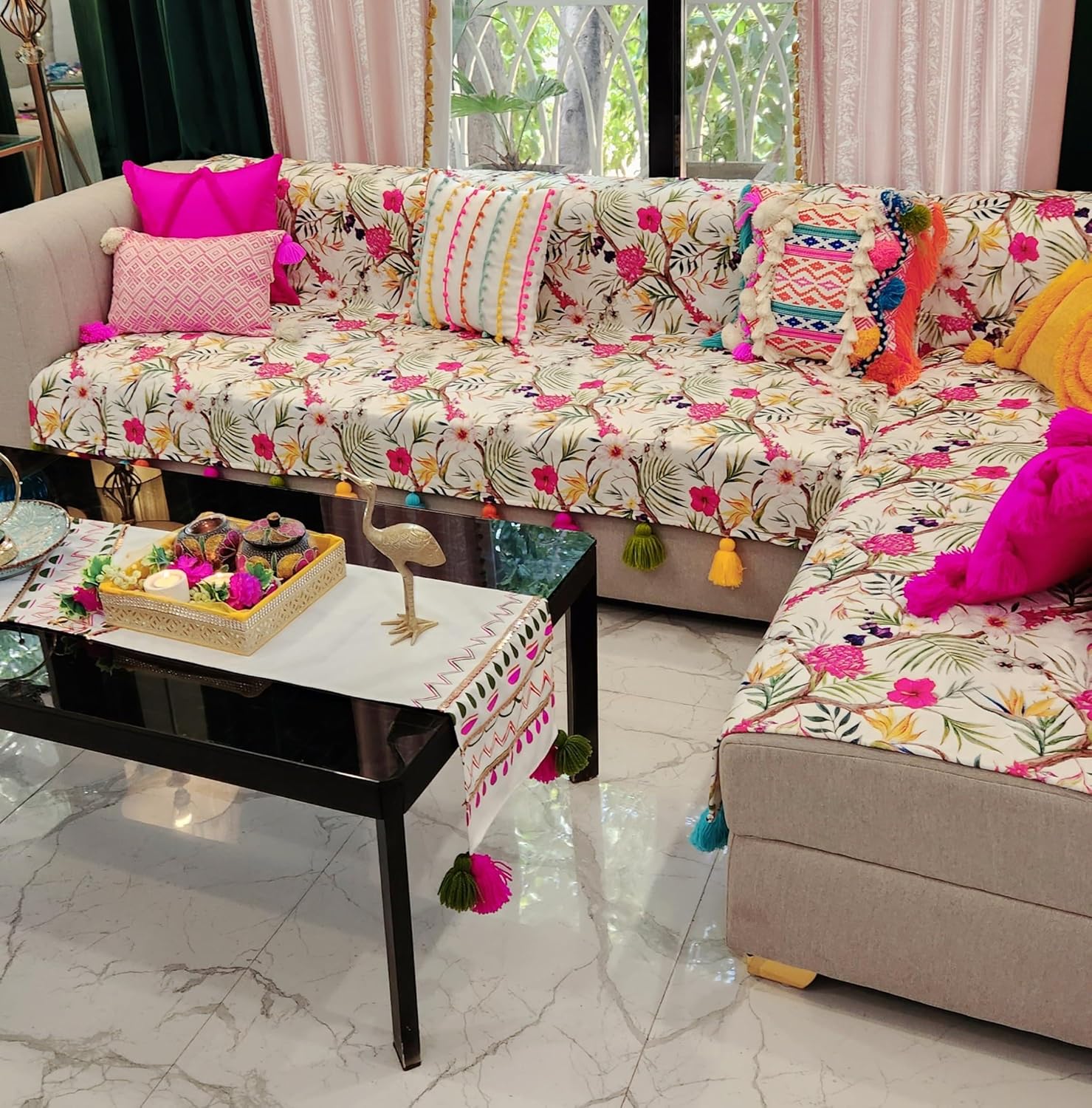 WWW.THROWPILLOW.IN Neutral Tropical Floral Sofa Cover Tassels: Modern 5 Seater Corner Sofa ...