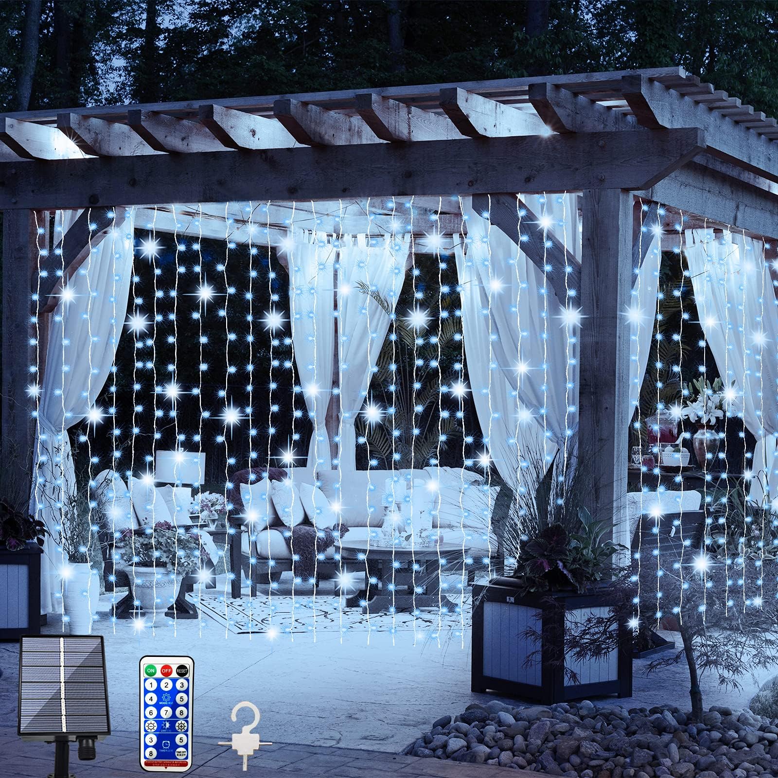 LiyuanQ Solar Curtain Lights Outdoor Fairy Lights 3m x 3m 300 LED 8 ...
