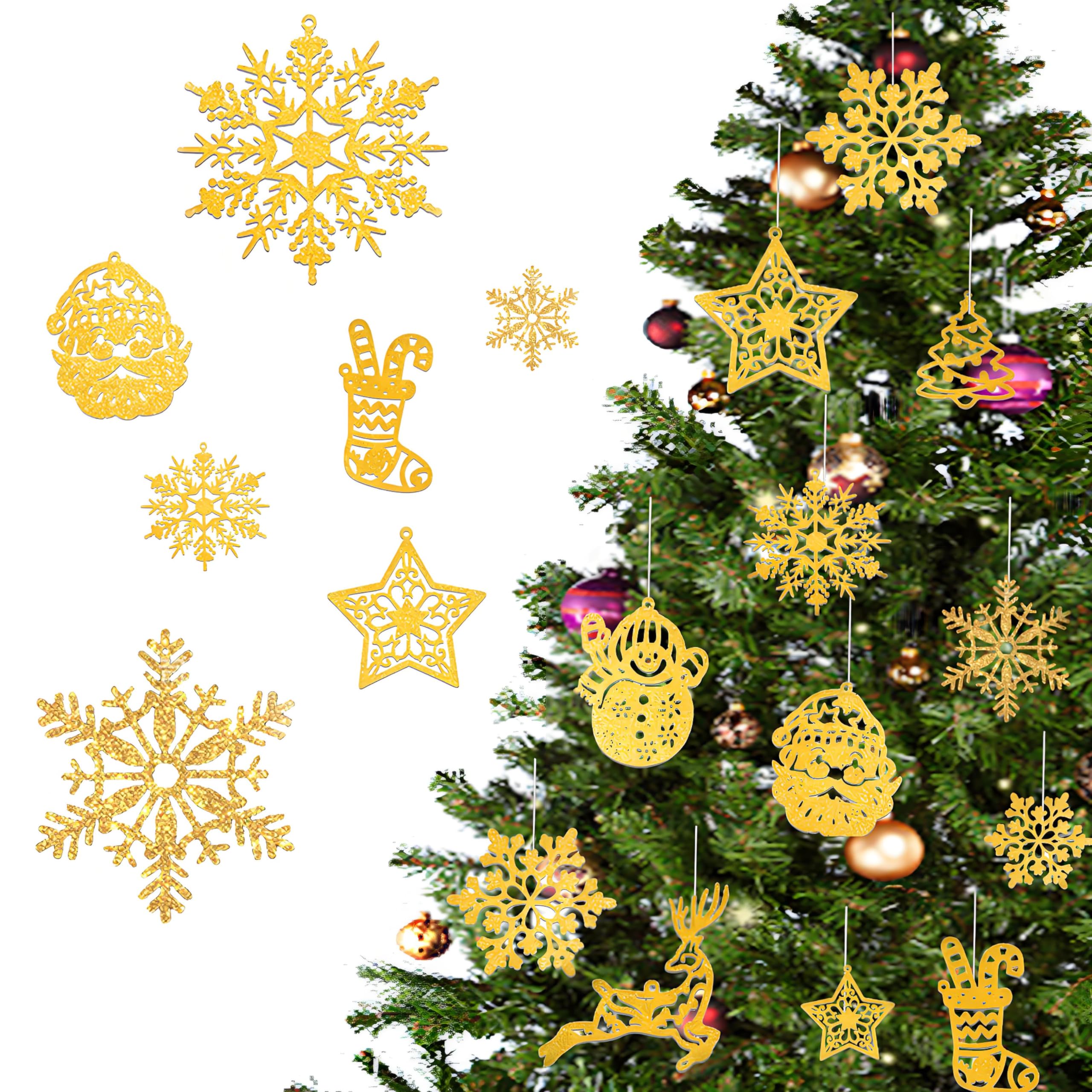 42PCS Gold Snowflake Christmas Tree Decorations, Glitter Snowflake ...