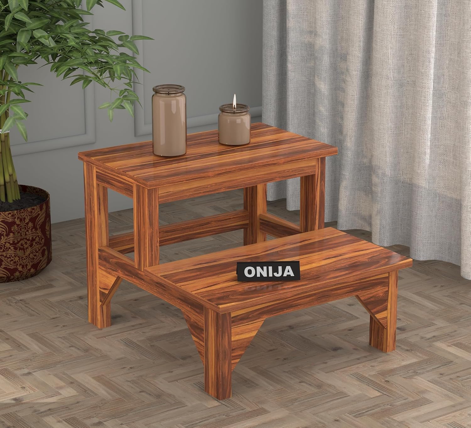 ONIJA Solid Sheesham Wood 2 Step Stool for Kitchen | Wooden Foot Rest ...