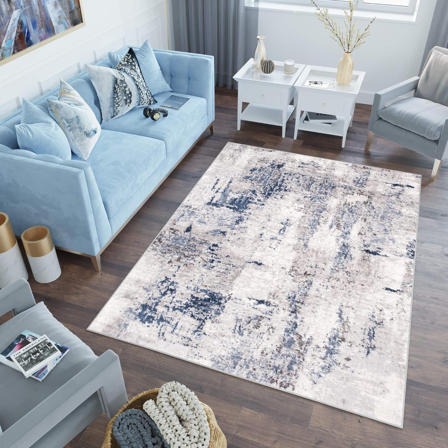 TAPISO Sky Area Rug Abstract Multicolour Designer Ivory Blue Grey ...
