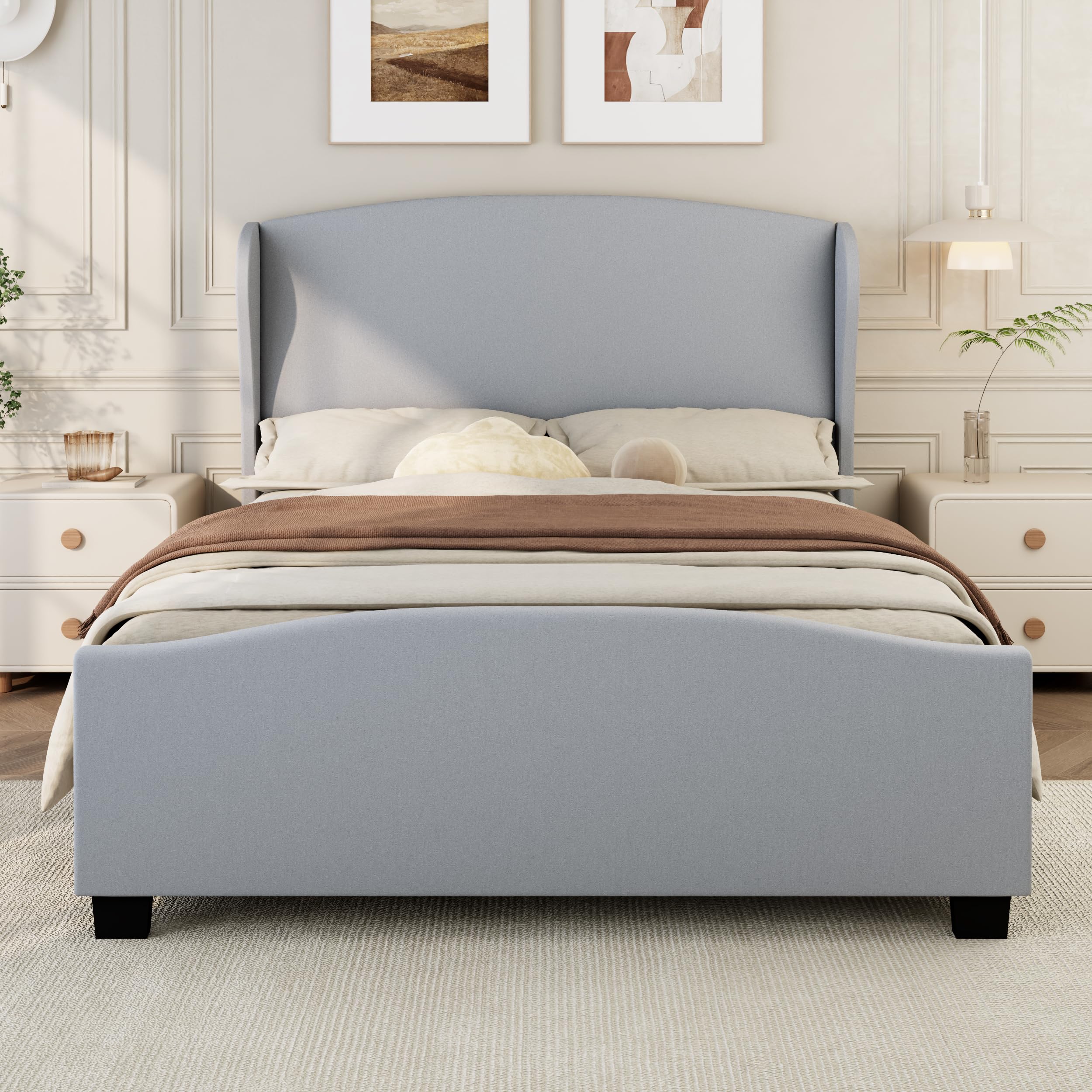 Amazon.com: LUSPAZ King Size Linen Upholstered Wingback Platform Bed ...